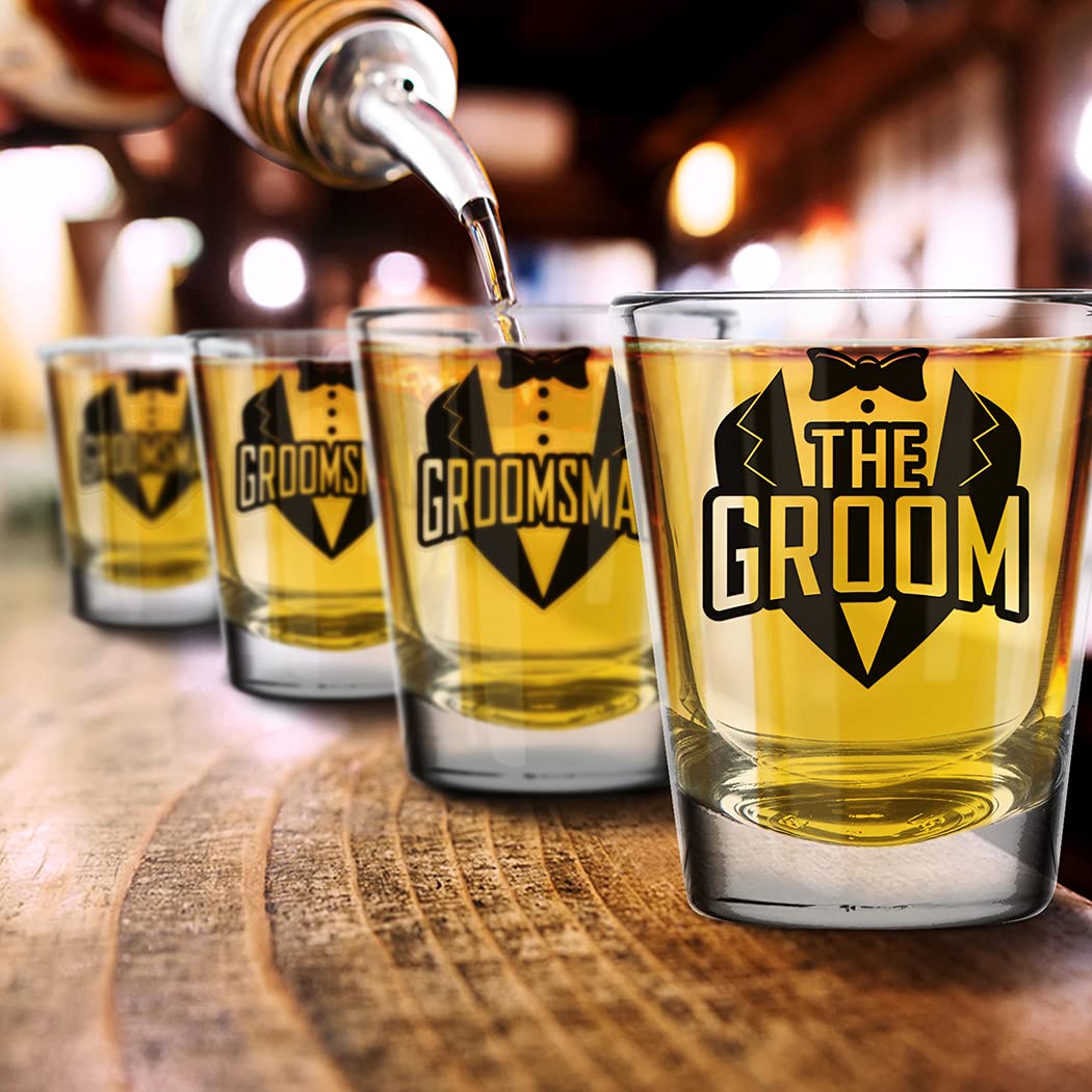 shop4ever The Groom Tuxedo and Groomsman Tuxedo Shot Glasses ~ Bachelor Party Favors ~ Wedding Shot Glasses (7 Pack)