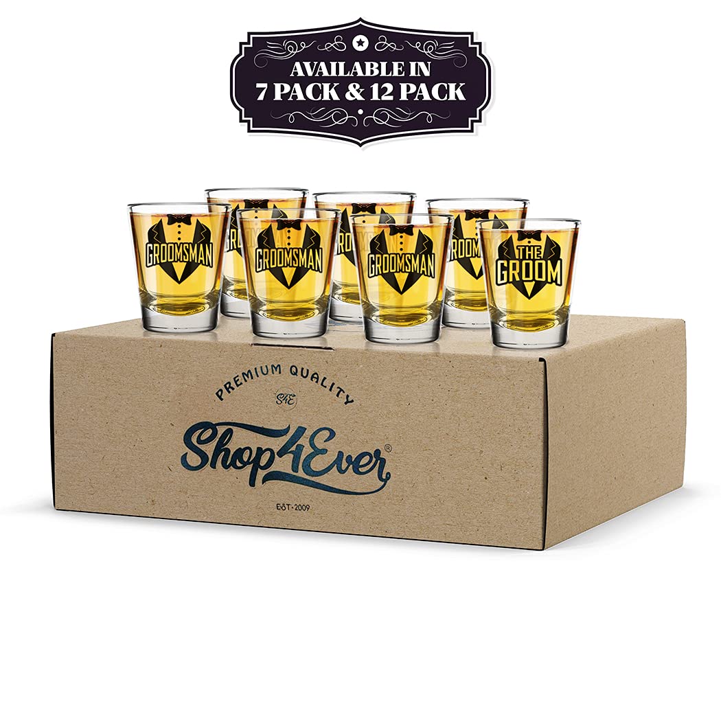 shop4ever The Groom Tuxedo and Groomsman Tuxedo Shot Glasses ~ Bachelor Party Favors ~ Wedding Shot Glasses (7 Pack)