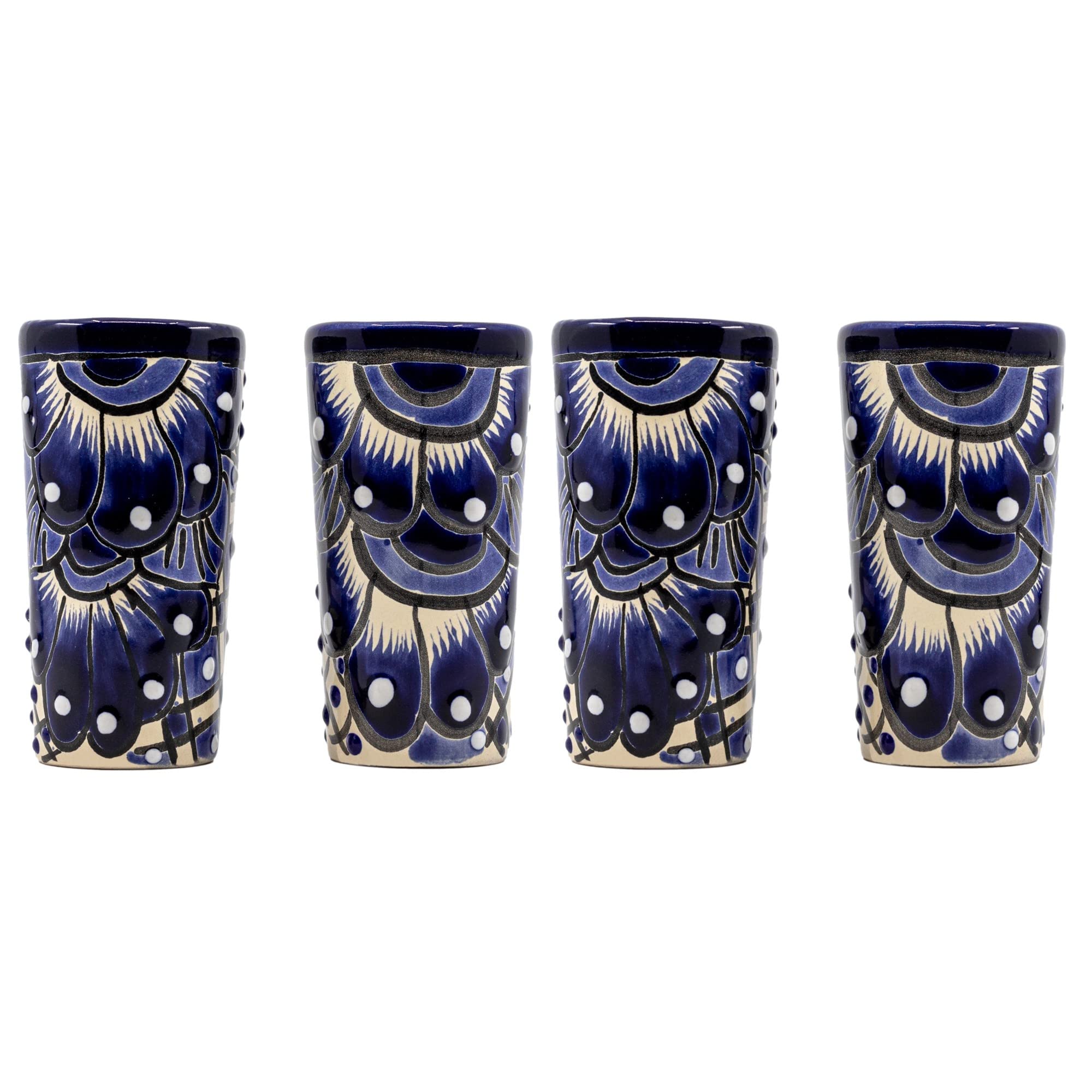 Casa Fiesta Designs Mexican Shot Glasses, Hand-painted Ceramic Tequila Shot Glass Made in Mexico - Great for Tequila, Mezcal and Sangrita, 2 oz - Blue and White - Tequilero Azul y Blanco (Pack of 4)