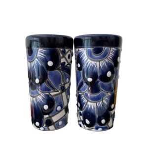 Casa Fiesta Designs Mexican Shot Glasses, Hand-painted Ceramic Tequila Shot Glass Made in Mexico - Great for Tequila, Mezcal and Sangrita, 2 oz - Blue and White - Tequilero Azul y Blanco (Pack of 4)