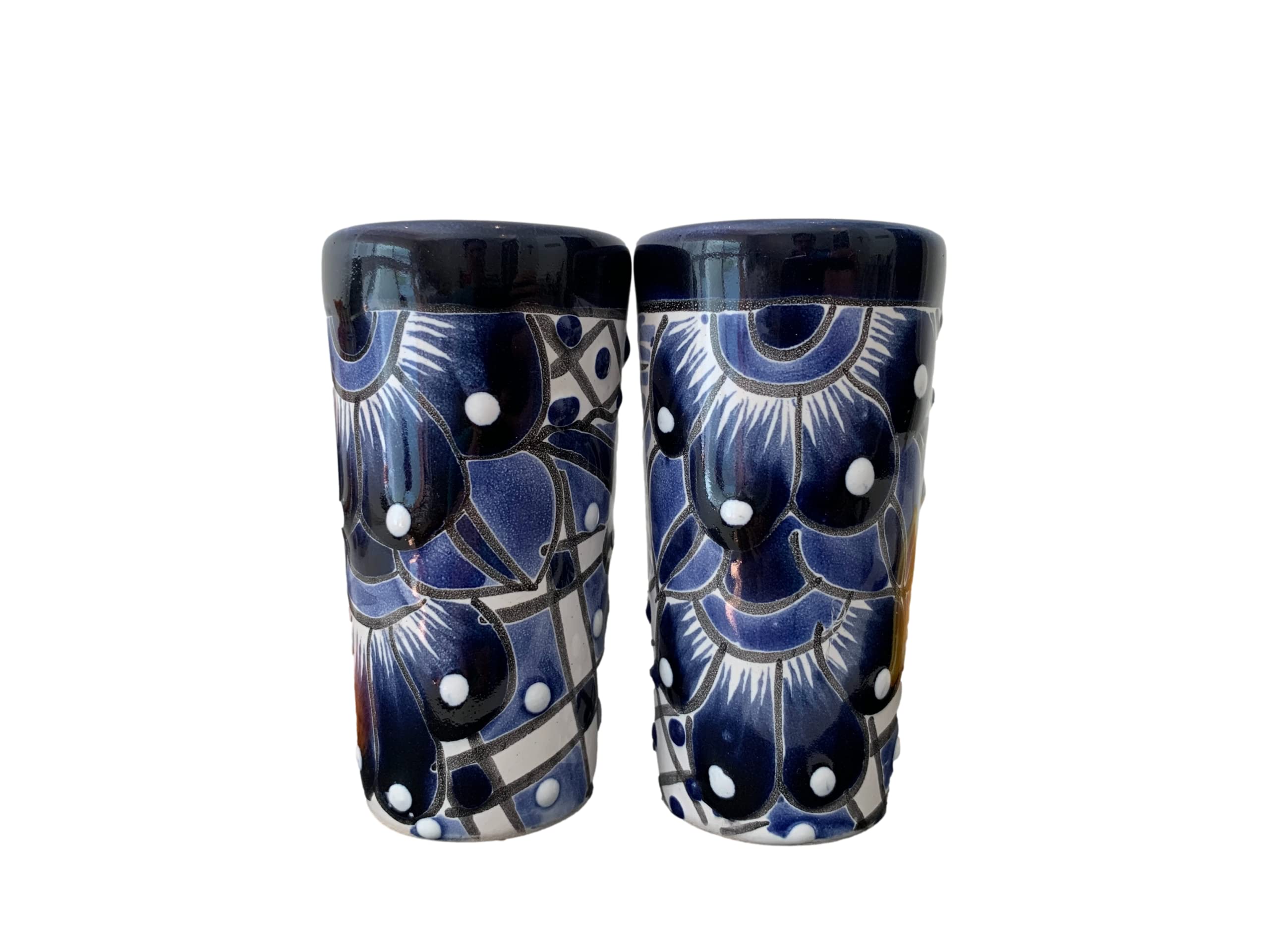 Casa Fiesta Designs Mexican Shot Glasses, Hand-painted Ceramic Tequila Shot Glass Made in Mexico - Great for Tequila, Mezcal and Sangrita, 2 oz - Blue and White - Tequilero Azul y Blanco (Pack of 4)