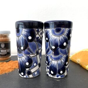 Casa Fiesta Designs Mexican Shot Glasses, Hand-painted Ceramic Tequila Shot Glass Made in Mexico - Great for Tequila, Mezcal and Sangrita, 2 oz - Blue and White - Tequilero Azul y Blanco (Pack of 4)