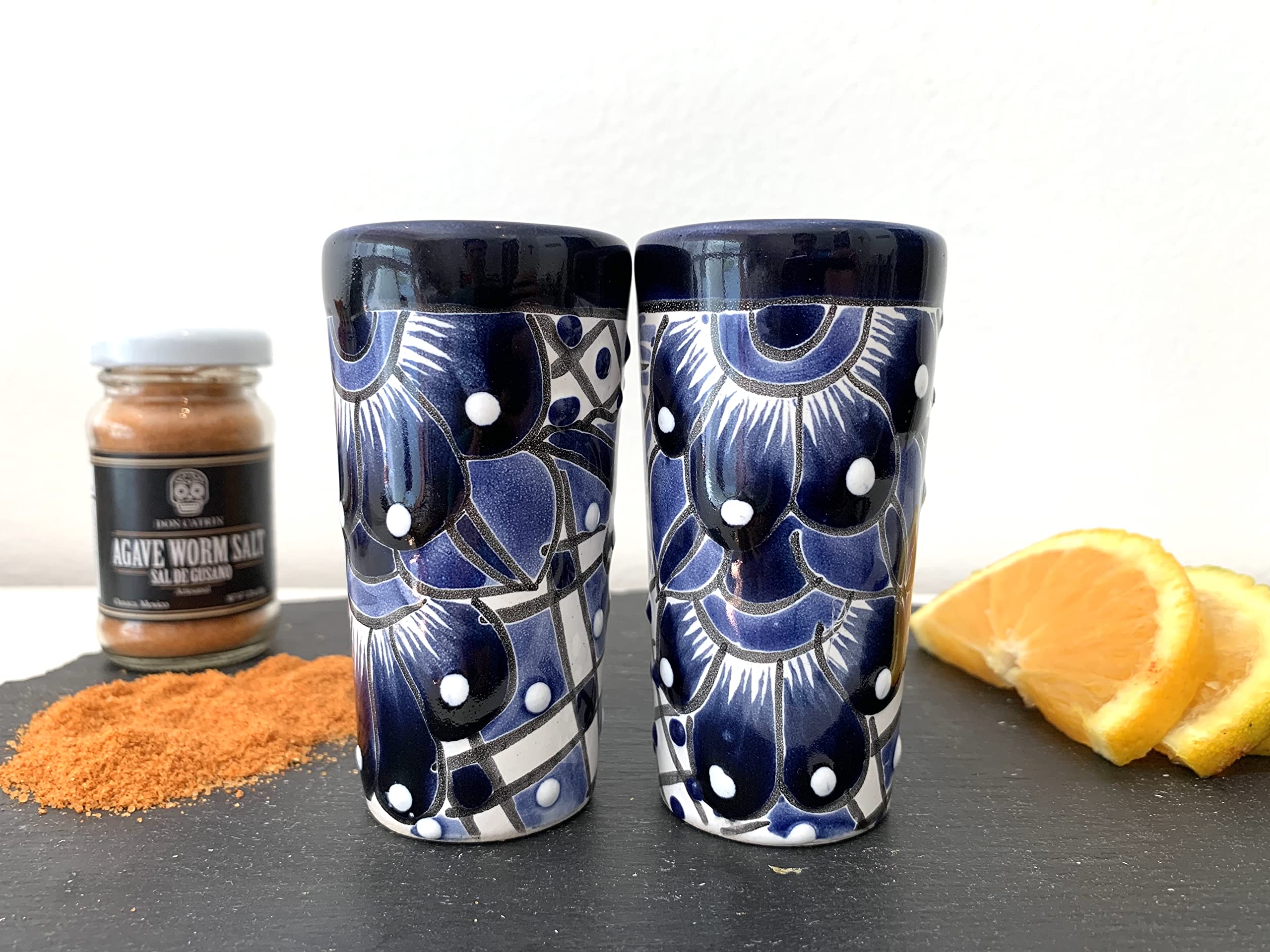 Casa Fiesta Designs Mexican Shot Glasses, Hand-painted Ceramic Tequila Shot Glass Made in Mexico - Great for Tequila, Mezcal and Sangrita, 2 oz - Blue and White - Tequilero Azul y Blanco (Pack of 4)