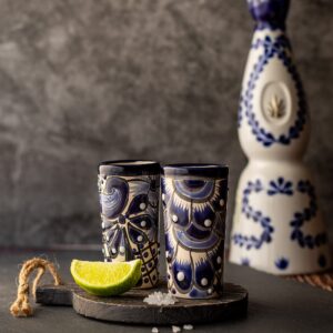 Casa Fiesta Designs Mexican Shot Glasses, Hand-painted Ceramic Tequila Shot Glass Made in Mexico - Great for Tequila, Mezcal and Sangrita, 2 oz - Blue and White - Tequilero Azul y Blanco (Pack of 4)