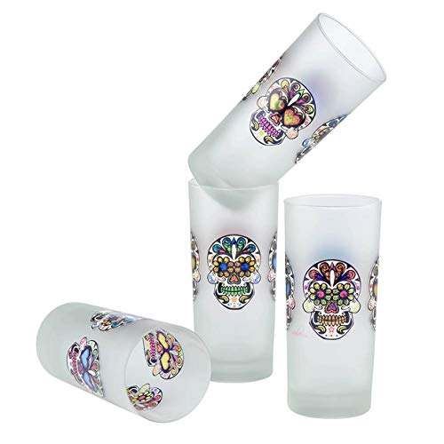 Culver Sugar Skulls Decorated Frosted Deluxe Cooler/Tumbler Glasses, 15-Ounce, Set of 4