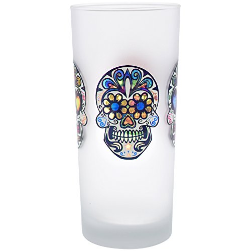 Culver Sugar Skulls Decorated Frosted Deluxe Cooler/Tumbler Glasses, 15-Ounce, Set of 4