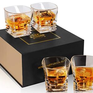 KANARS Whiskey Glass 9 Oz, Set of 4 Crystal Rock Glasses for Scotch Bourbon Liquor Snifter Brandy Rum, Square Whisky Tumblers for Men Dad