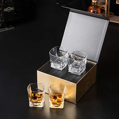 KANARS Whiskey Glass 9 Oz, Set of 4 Crystal Rock Glasses for Scotch Bourbon Liquor Snifter Brandy Rum, Square Whisky Tumblers for Men Dad