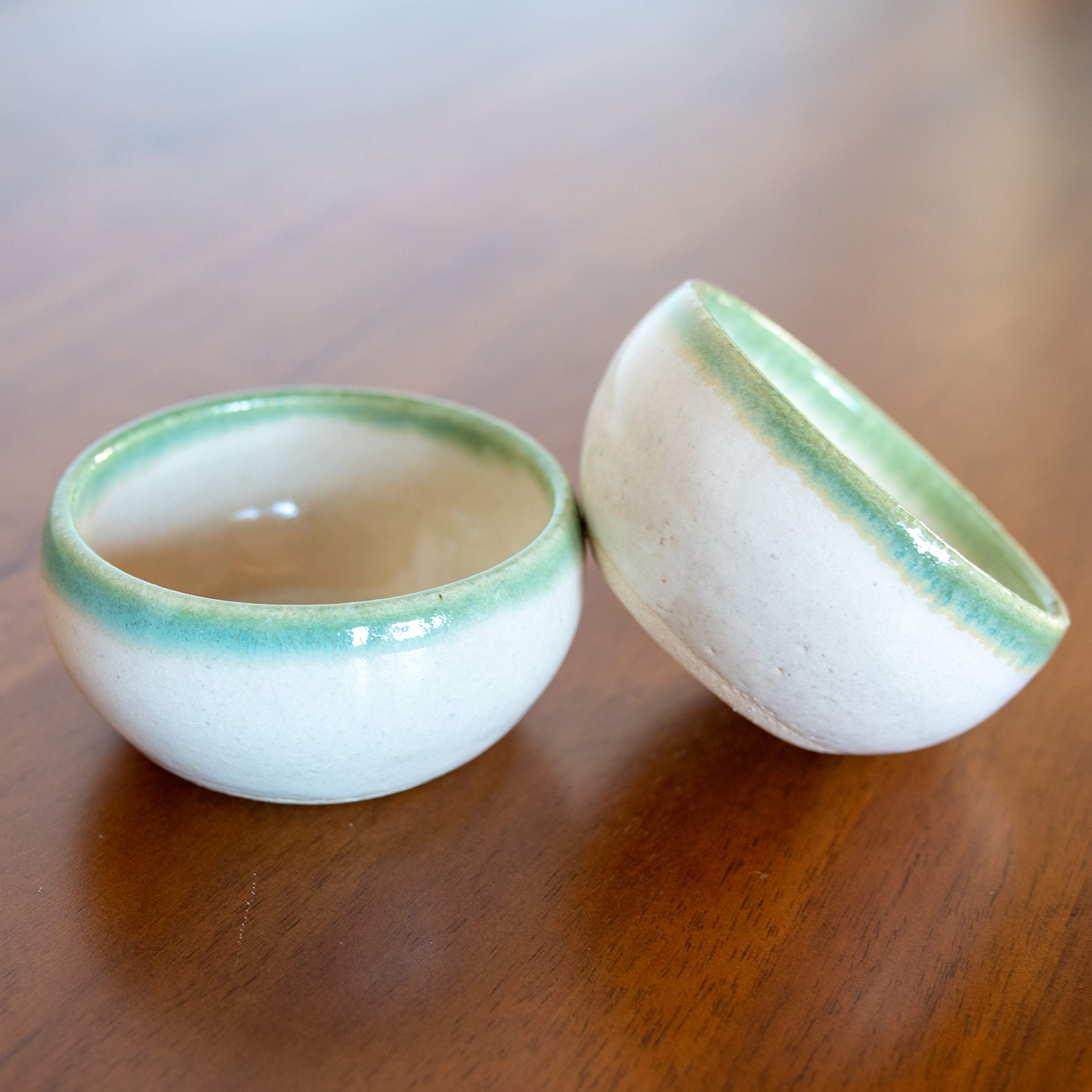 Artisan Mezcal Clay Cups | Handcrafted Copitas | The Proper Traditional Vessel for Mezcal and Tequila and other Agave Spirits| Made in the USA | Set of 2 (White with Green Rim)