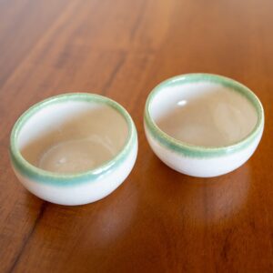 Artisan Mezcal Clay Cups | Handcrafted Copitas | The Proper Traditional Vessel for Mezcal and Tequila and other Agave Spirits| Made in the USA | Set of 2 (White with Green Rim)