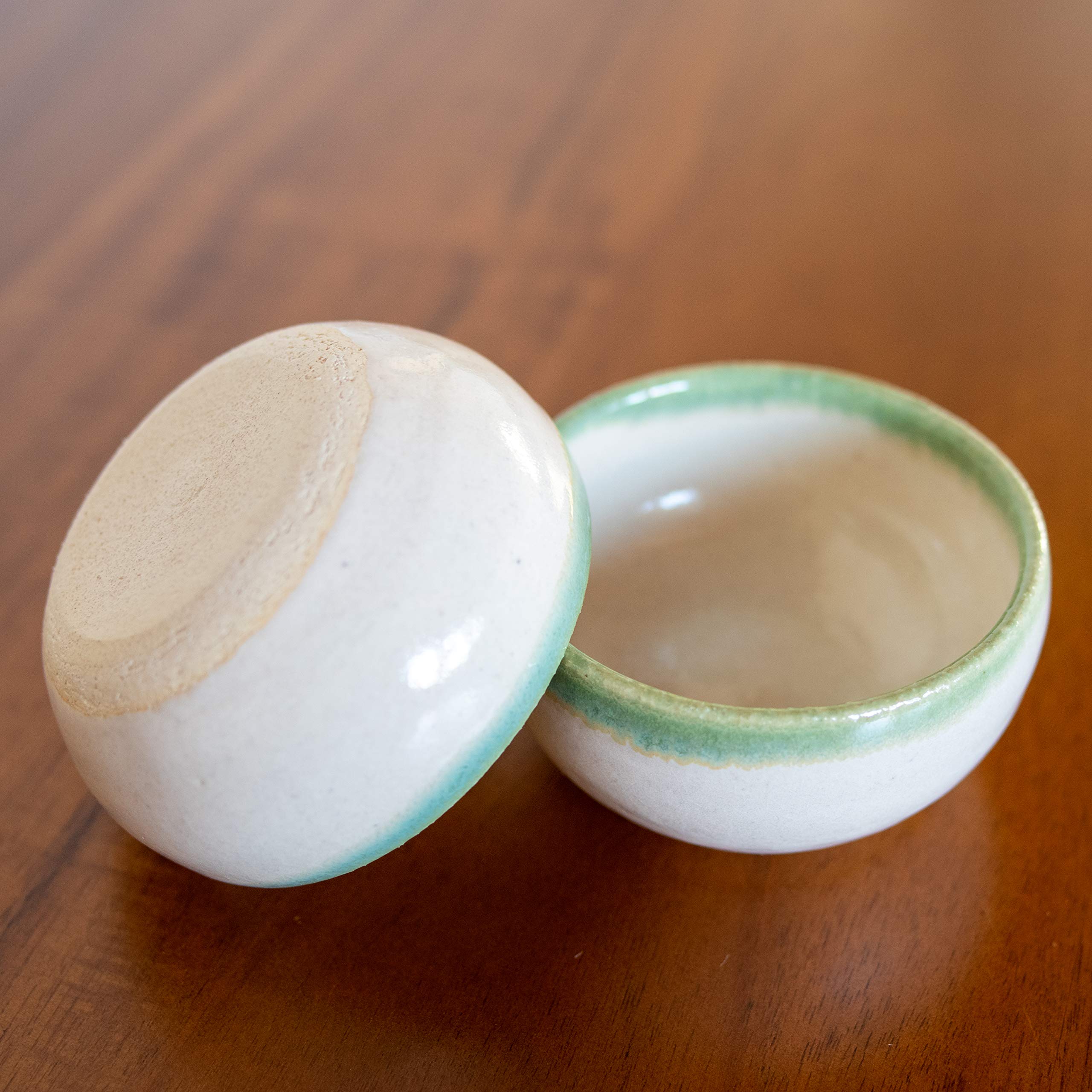 Artisan Mezcal Clay Cups | Handcrafted Copitas | The Proper Traditional Vessel for Mezcal and Tequila and other Agave Spirits| Made in the USA | Set of 2 (White with Green Rim)