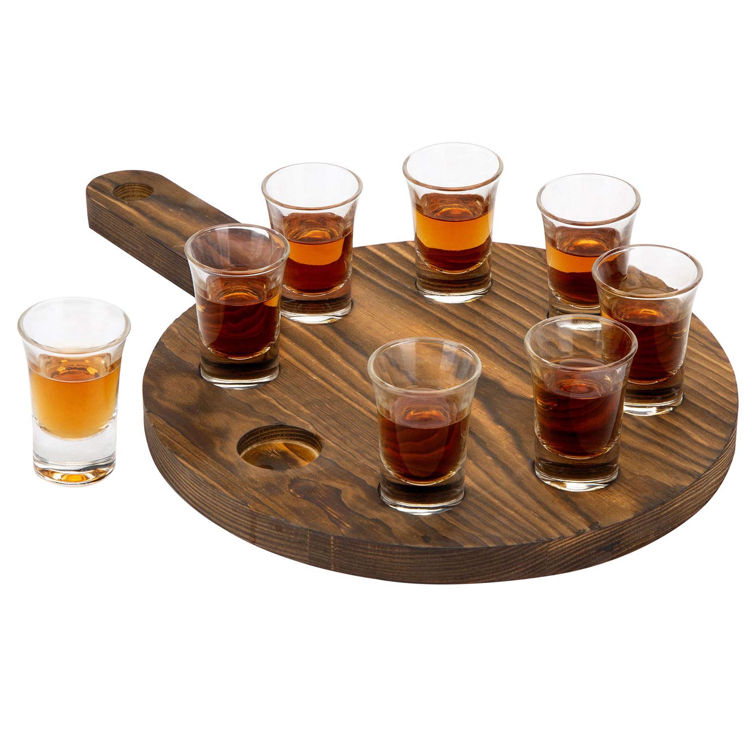 MyGift 9 Piece Shot Glass Set with Burnt Wood Paddle Board Serving Tray, Shooter Shot Glasses and Flight Board