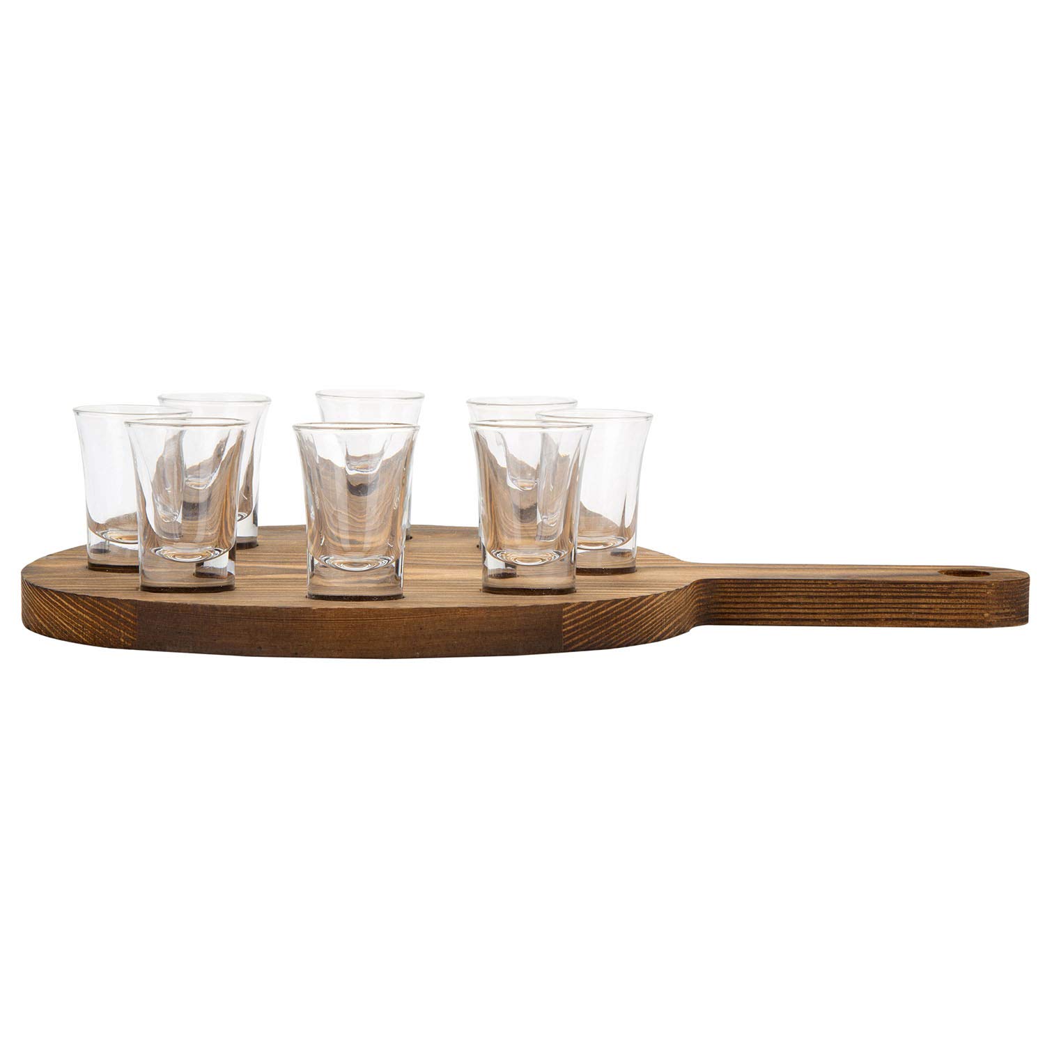 MyGift 9 Piece Shot Glass Set with Burnt Wood Paddle Board Serving Tray, Shooter Shot Glasses and Flight Board