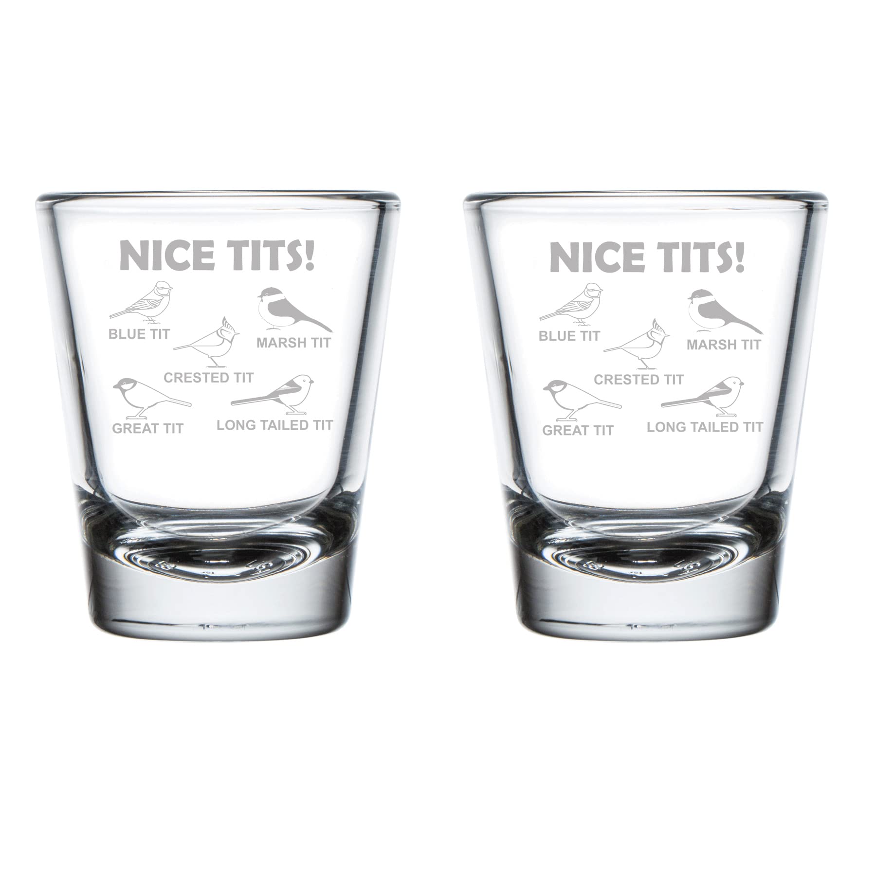 MIP Set of 2 Shot Glasses 1.75oz Shot Glass Nice Tits Funny Bird Watch