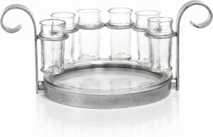 zodax | cabo 8 piece tequila serving set | with 6 shot glasses, 1 metal stand, 1 glass tray | antique silver finish