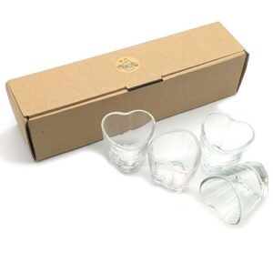 heart soju shot glasses set set of 4 and silicone rubber bottle caps 4pcs 1.7 oz, korean soju, whiskey, tequila, vodka, espressos, desserts, party decorations, clear glass (heart)