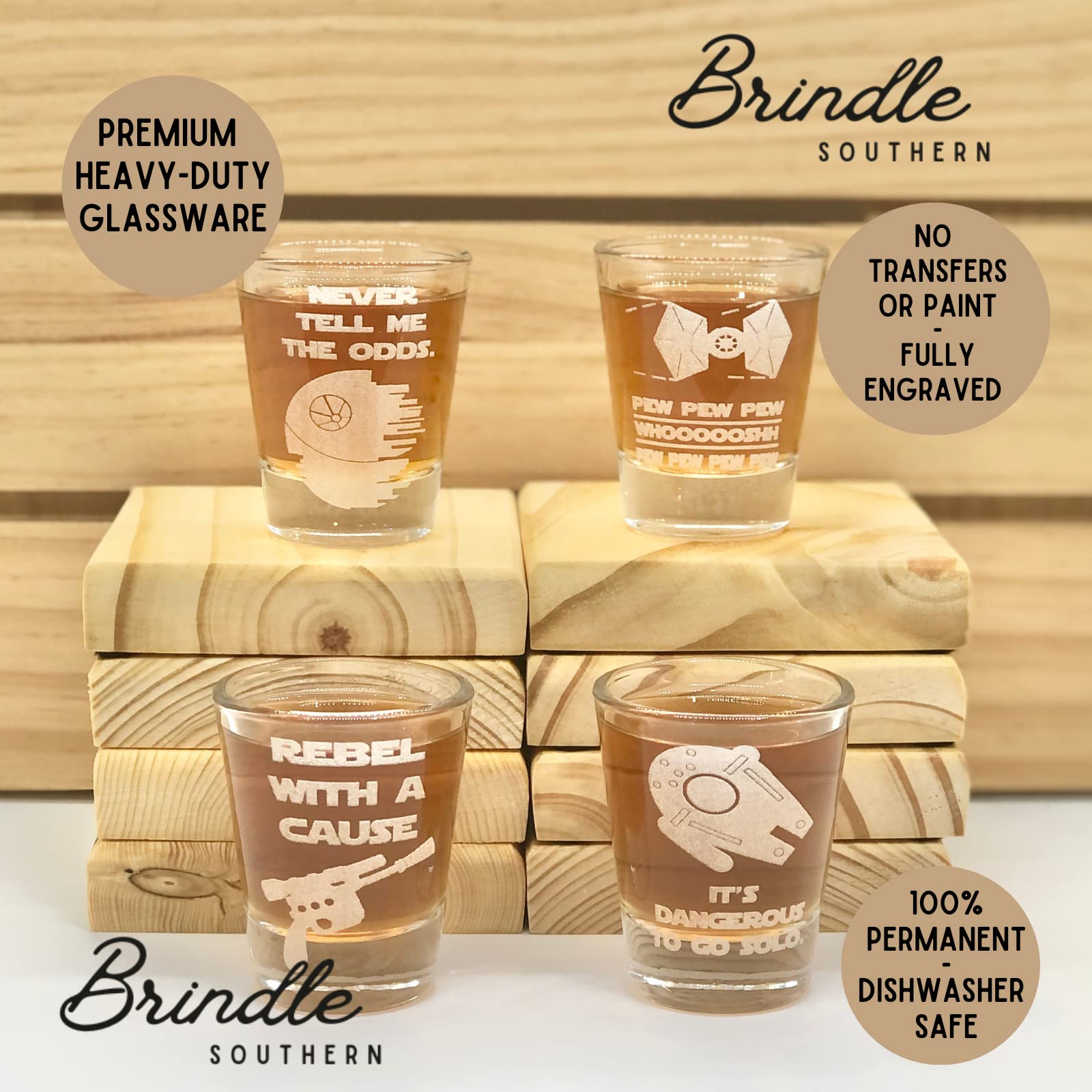 Brindle Southern Farms SW Etched Shot Glass Set of 4: Sci-fi Space Star Noises Wars Shot Glasses