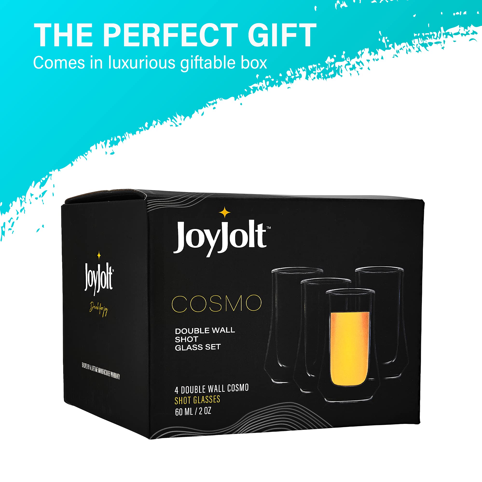 JoyJolt Cosmo Double Wall Shot Glasses – Set of 4 2 oz Glasses Suitable for Cocktails Espresso, or Desserts – Shot Glass Ideal for Liquor Bar – Drinking Games with Shot Glasses Essential