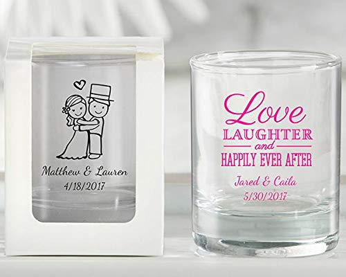 Kate Aspen Personalized 2 oz. Shot Glass/Votive Holder - 48pcs/Gold - Drinking Glass and DIY Favor Decor for Wedding, Bridal Shower Party with Customized Designs Text Lines