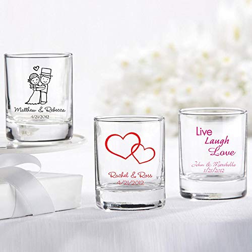 Kate Aspen Personalized 2 oz. Shot Glass/Votive Holder - 48pcs/Gold - Drinking Glass and DIY Favor Decor for Wedding, Bridal Shower Party with Customized Designs Text Lines