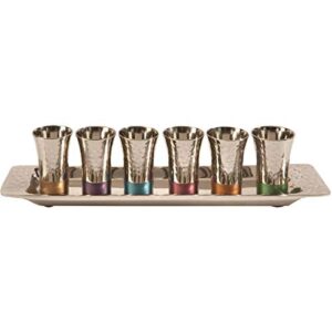 yair emanuel liquor set including 6 liquor cups and tray - hammered aluminum wine goblet set