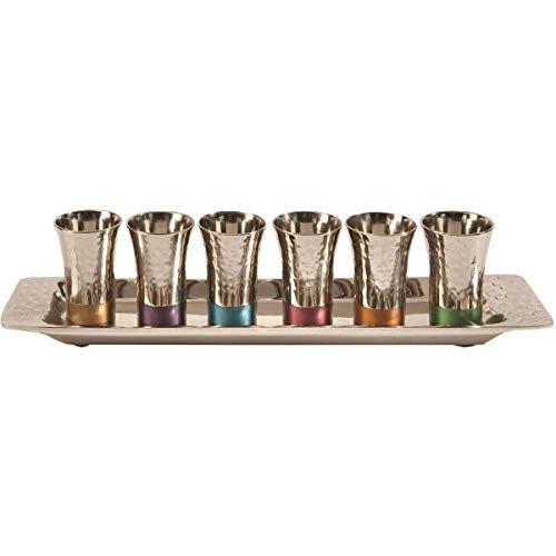 Yair Emanuel Liquor Set Including 6 liquor Cups and Tray - Hammered Aluminum wine goblet set