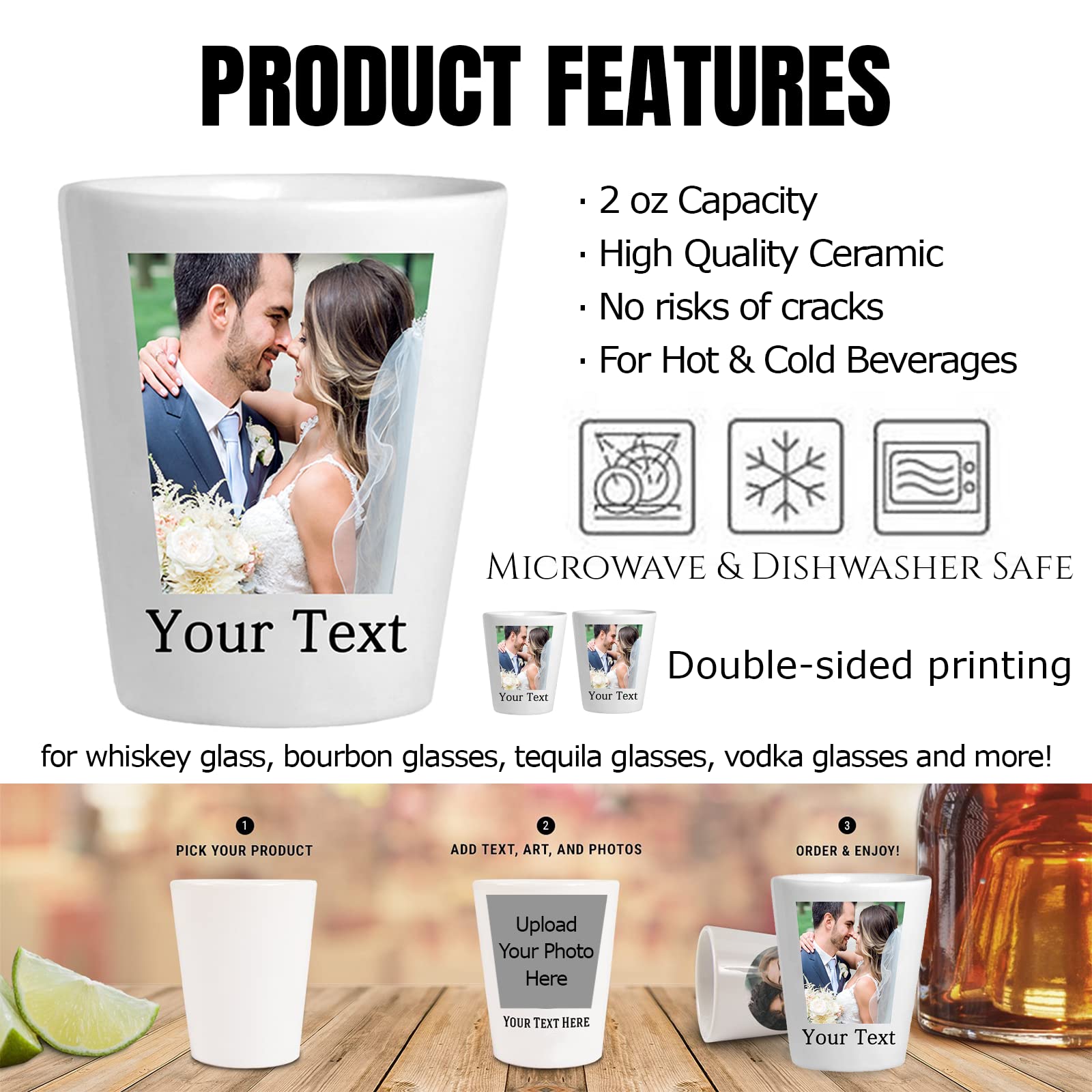 Personalized Shot Glasses Custom Ceramic Shot Glass Cup with Photo Text 2 Oz for Liquor Bar Party Wedding Gifts - 6 Pack