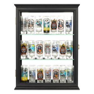 DisplayGifts Souvenir Shot Glass Display Case Shadow Box Wall Mounted Cabinet Mirror Background Black