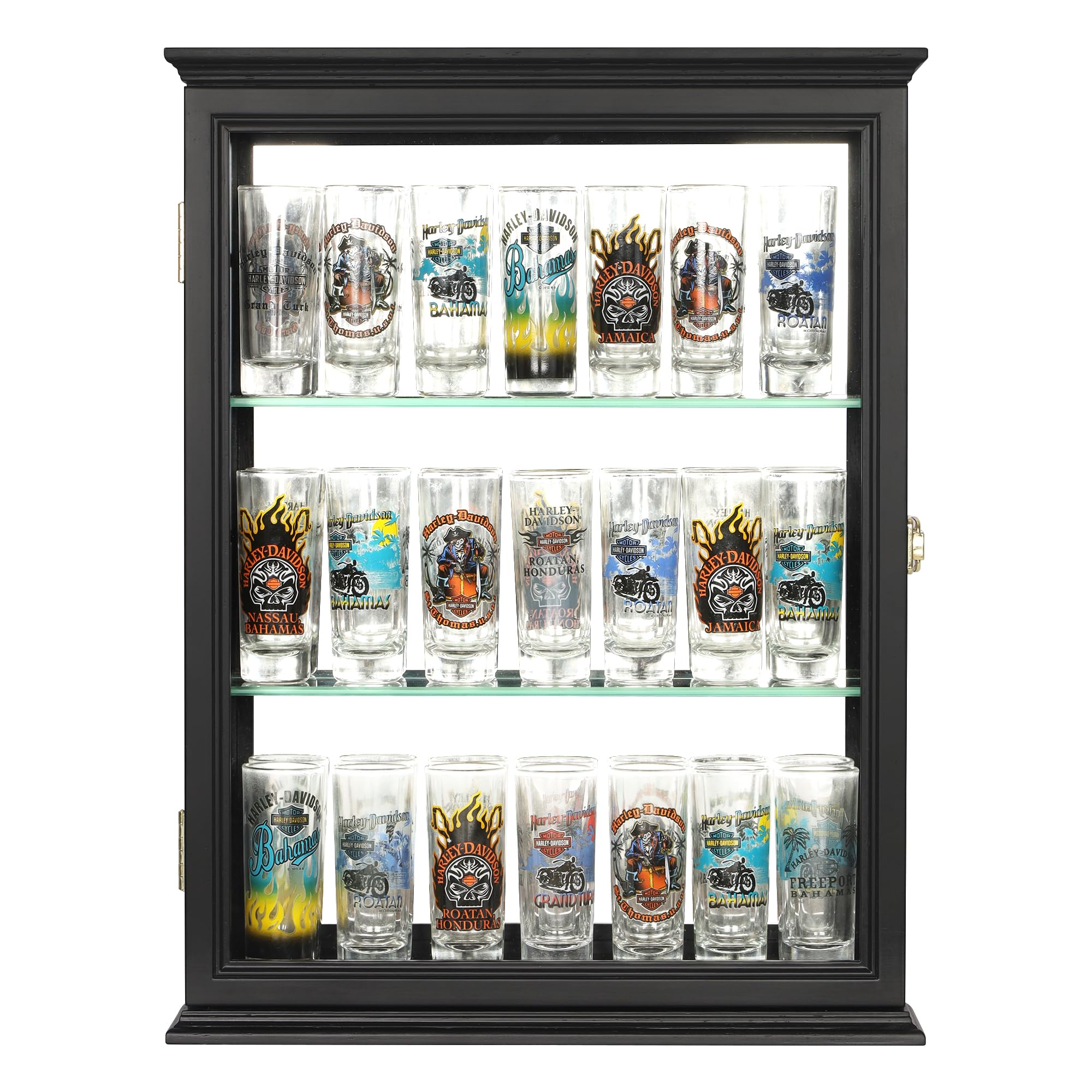 DisplayGifts Souvenir Shot Glass Display Case Shadow Box Wall Mounted Cabinet Mirror Background Black