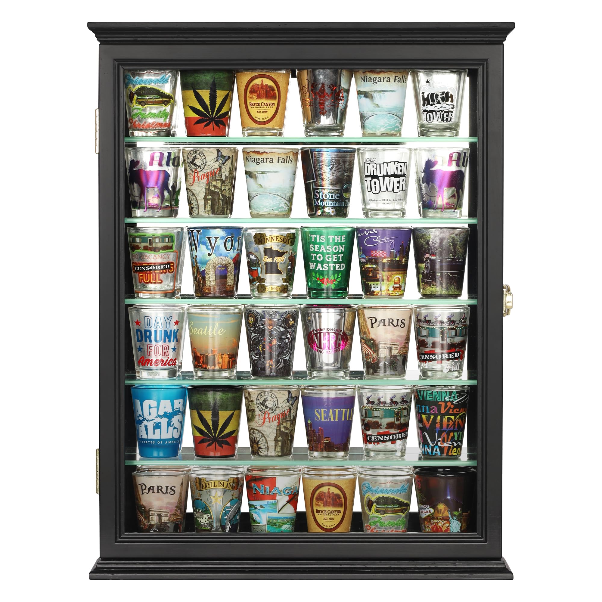 DisplayGifts Souvenir Shot Glass Display Case Shadow Box Wall Mounted Cabinet Mirror Background Black