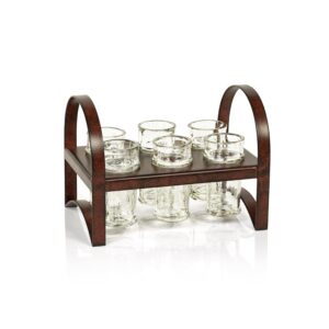 zodax | agave azul 7 piece tequila serving set | with 6 shot glasses, 1 metal stand | antique rust finish