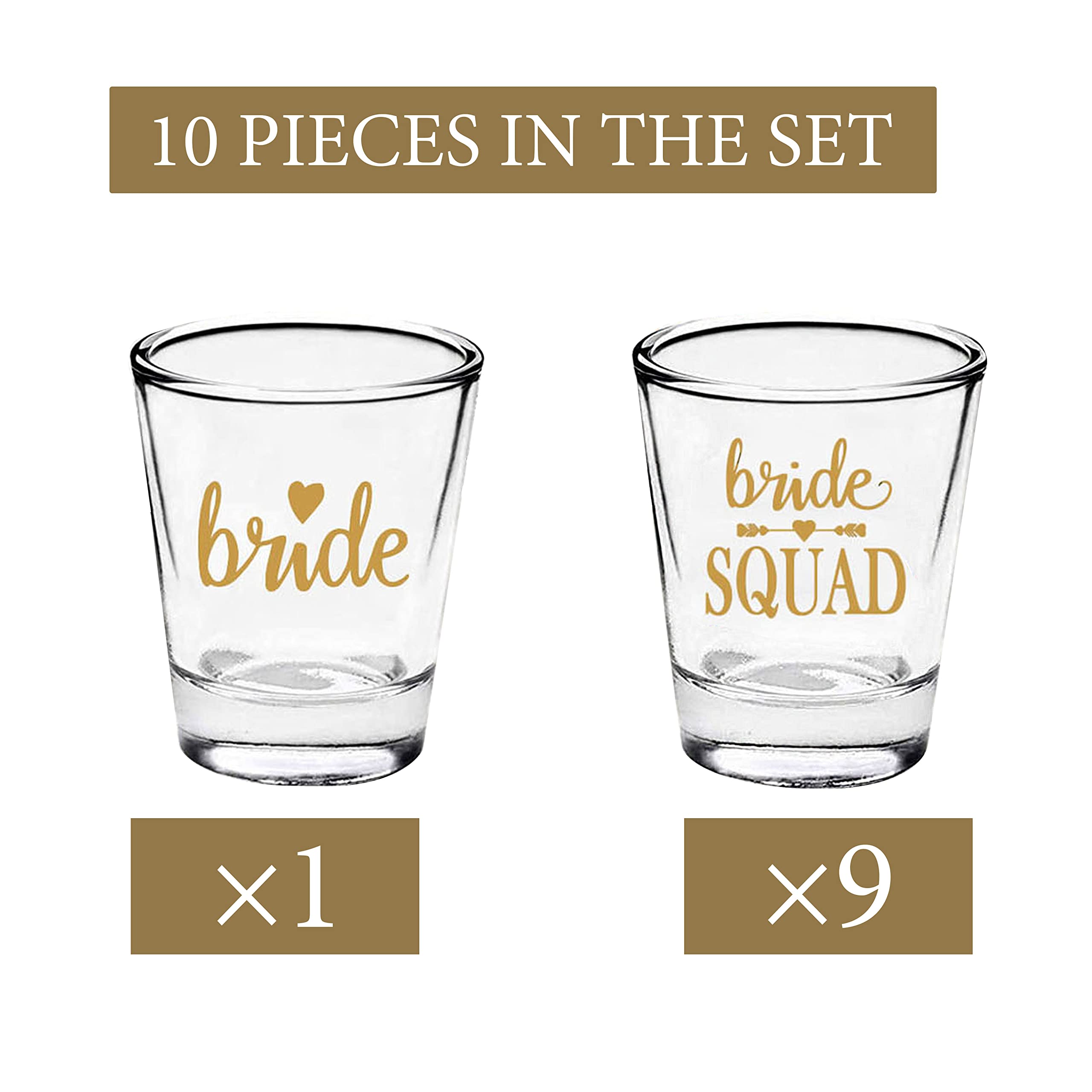 PartyGifts&beyond 10 Packs Bridesmaid Gifts Shot Glass and Team Bride Shot Glasses Bridal Shower Wine Glasses Perfect for Bachelorette Party Gift and Decoration, Bride's Cups（Squad）