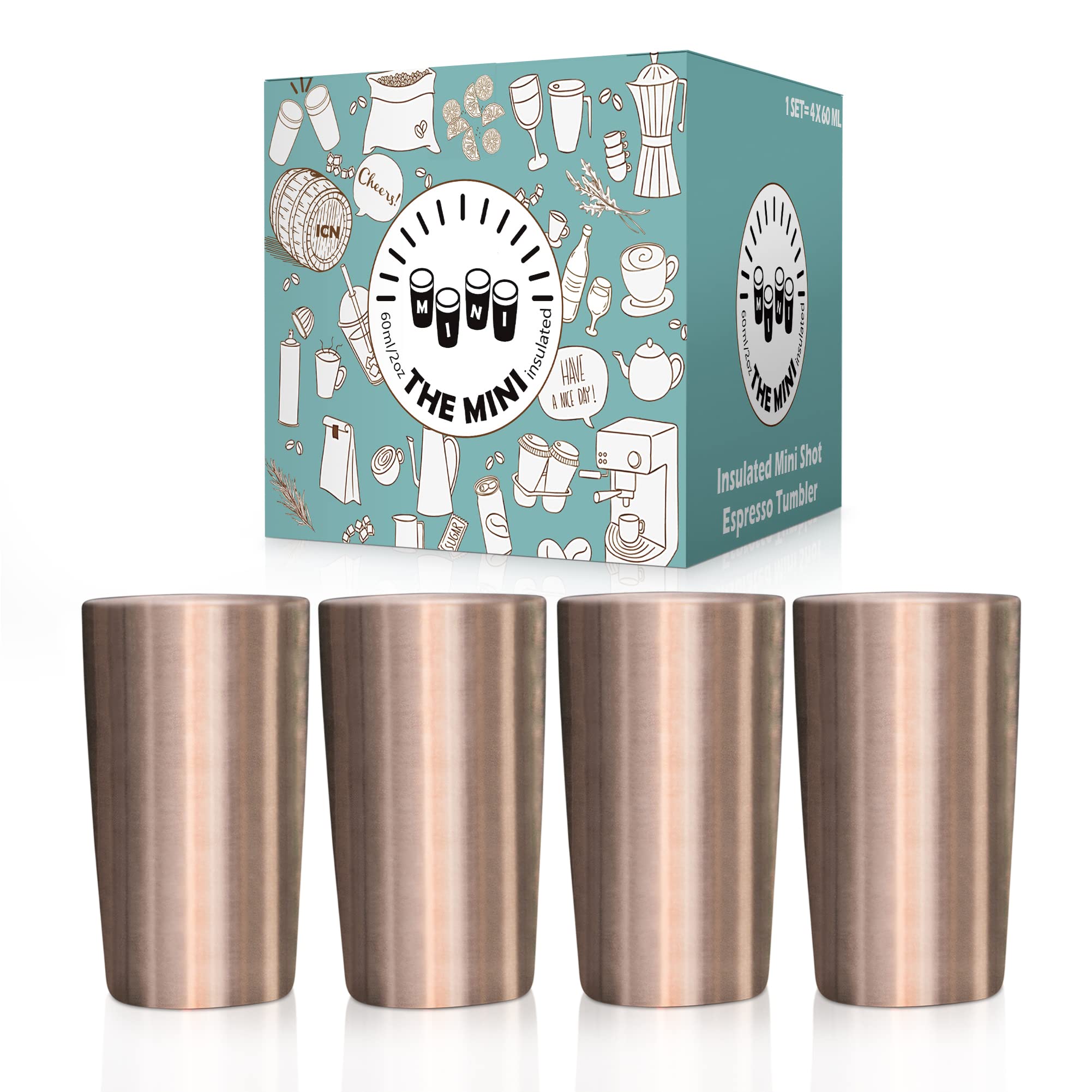 (4-PACK 2oz/60ml) Miniature Tumbler Shot Glass Set Demitasse Stainless Steel Espresso Cup Shot Glasses Double-Wall Insulated Heavy Base Double Shot Glass 4 PACK SET 2oz/60ml (Stainless Steel)