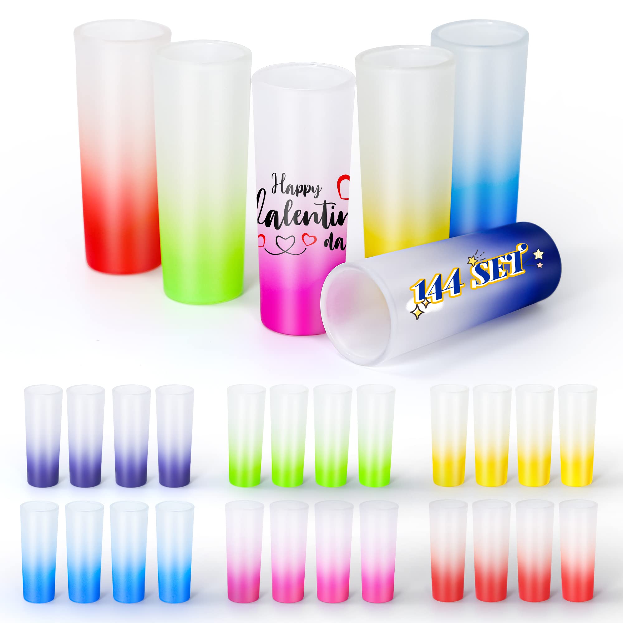 AGH 144 PCS Sublimation Frosted Shot Glasses 3.0oz Colored Glass Mugs the Sublimation Blanks Shot Glass with Gradient Colorful Bottom for Whiskey, Tequila, Vodka