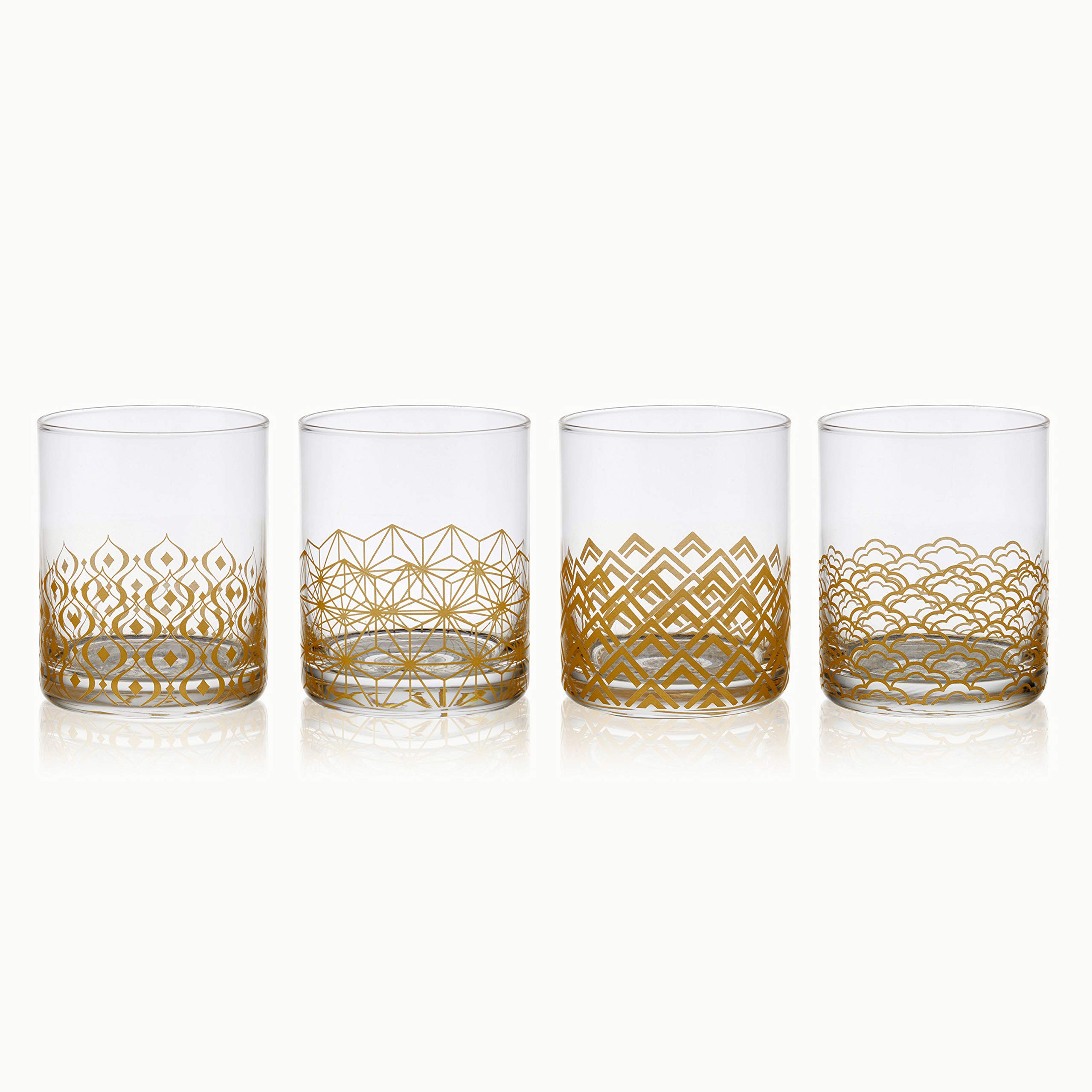 Mikasa Art Deco Set of 4 Double Old Fashioned Whiskey Glasses, 4 Count (Pack of 1), Gold