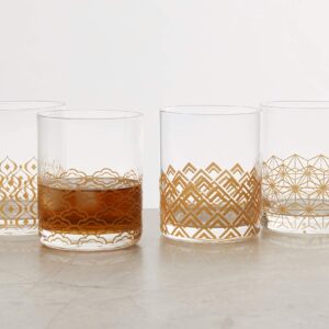 Mikasa Art Deco Set of 4 Double Old Fashioned Whiskey Glasses, 4 Count (Pack of 1), Gold