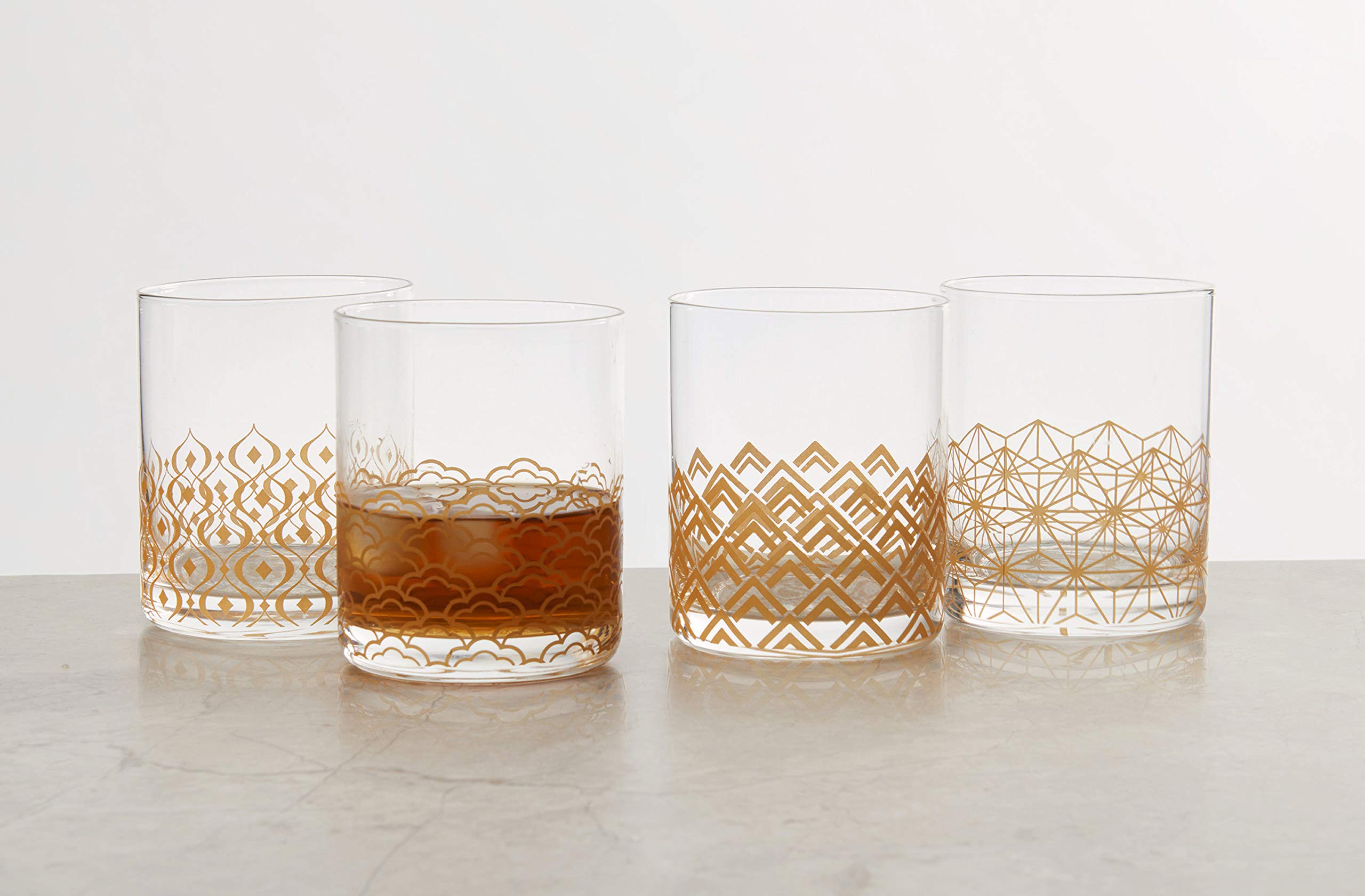 Mikasa Art Deco Set of 4 Double Old Fashioned Whiskey Glasses, 4 Count (Pack of 1), Gold