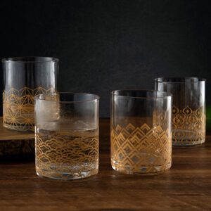 Mikasa Art Deco Set of 4 Double Old Fashioned Whiskey Glasses, 4 Count (Pack of 1), Gold