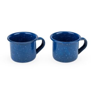 foster & rye camping mug shot glasses, speckled blue enamel novelty shooters with handle, 2.6 oz set of 2