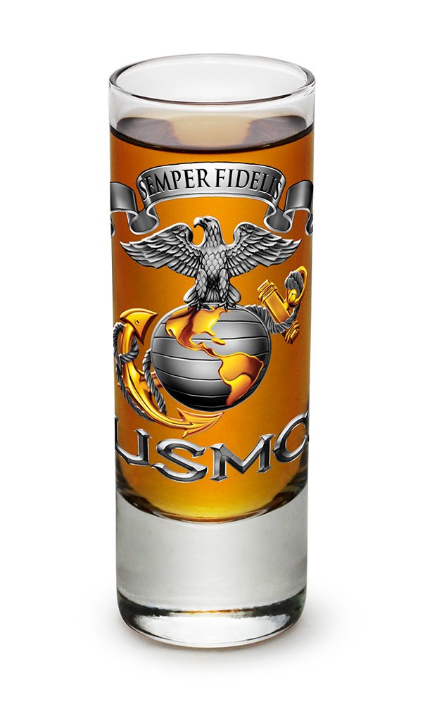 US Marine Corps USMC Marines - EGA - Earth Globe and Achor - Semper Fidelis - Shot Glass Shooter Heavy Base Tall 2 Ounce - Single - For Liquor - Whiskey, Tequila, Vodka, Spirtis, Beverages -