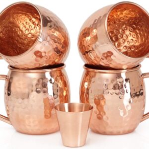 Willow & Everett Set of 4 Moscow Mule Copper Mugs with Copper Shot Glass - 4 16oz Copper Moscow Mule Mugs - Solid Copper Hammered Mug - Copper Cups for Moscow Mules