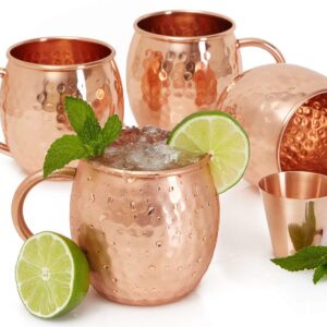 Willow & Everett Set of 4 Moscow Mule Copper Mugs with Copper Shot Glass - 4 16oz Copper Moscow Mule Mugs - Solid Copper Hammered Mug - Copper Cups for Moscow Mules