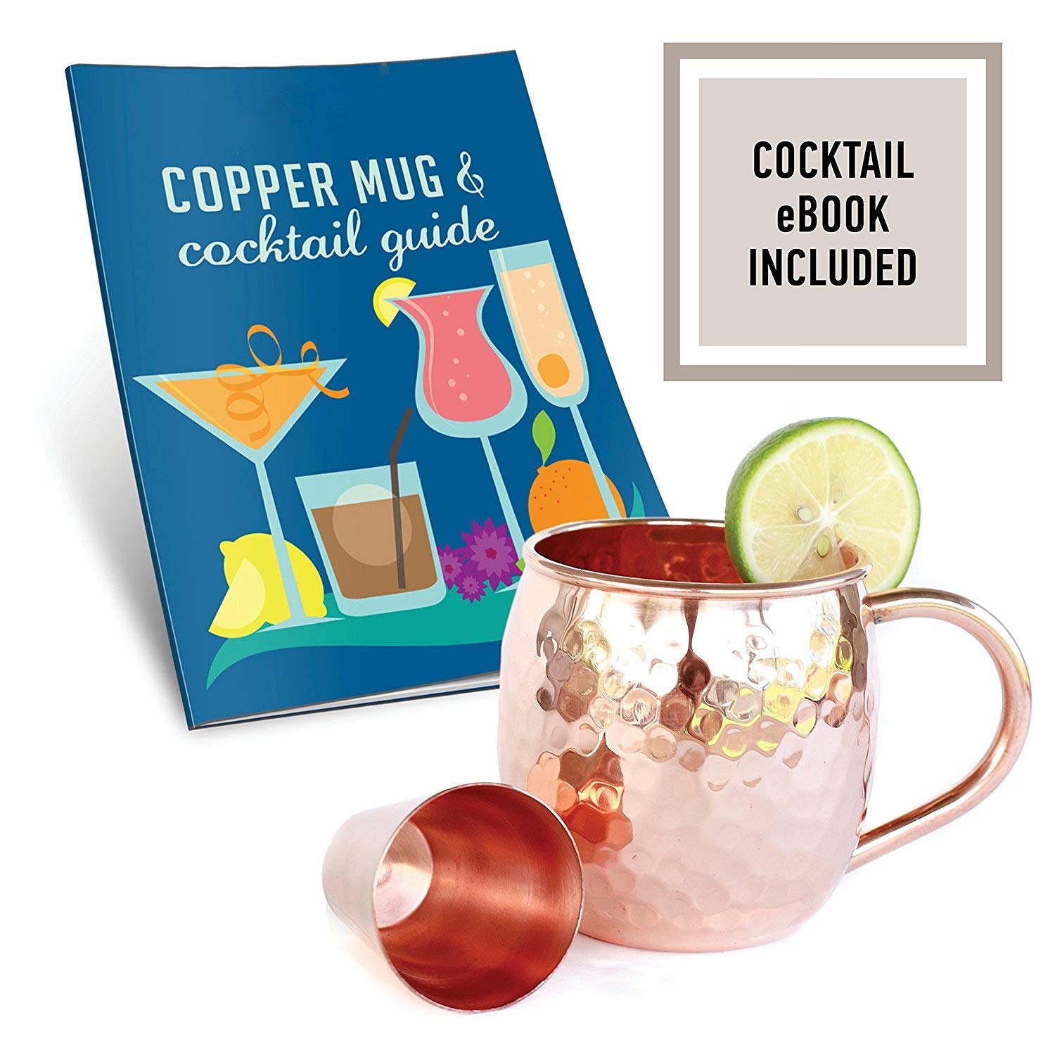 Willow & Everett Set of 4 Moscow Mule Copper Mugs with Copper Shot Glass - 4 16oz Copper Moscow Mule Mugs - Solid Copper Hammered Mug - Copper Cups for Moscow Mules