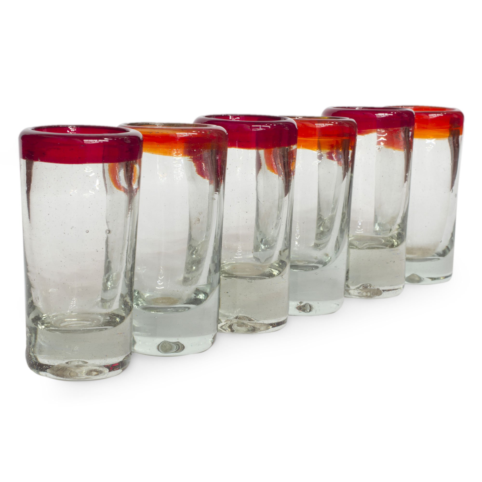 NOVICA Hand Blown Red Clear Recycled Glass Shot Glasses, 2 Oz 'Ruby Shot' (Set Of 6),3.7" H x 1.6" Diam.