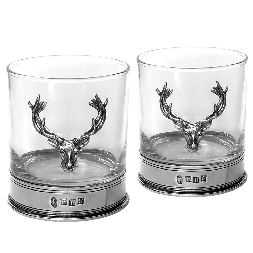 English Pewter Company 11oz Old Fashioned Whisky Rocks Glass Set With Pewter Stag Deer Head and Base [STAG105]