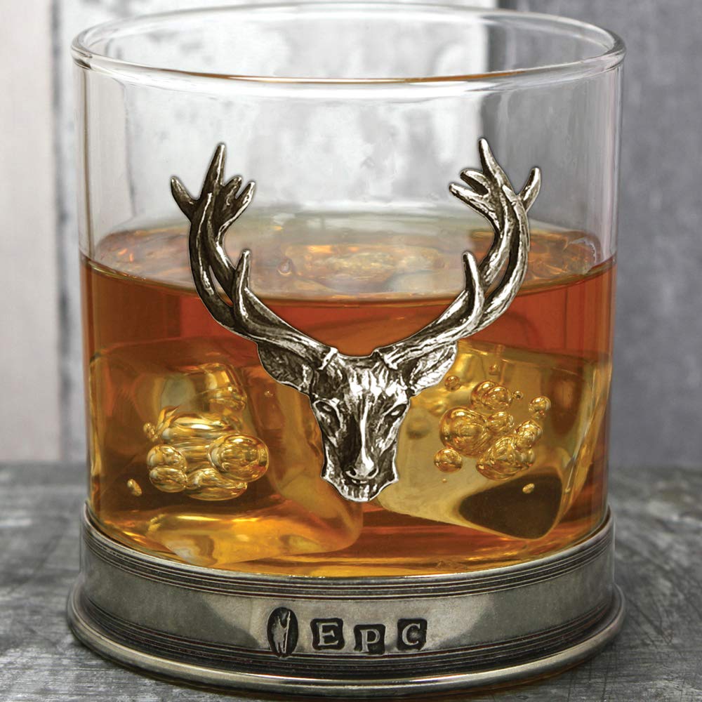 English Pewter Company 11oz Old Fashioned Whisky Rocks Glass Set With Pewter Stag Deer Head and Base [STAG105]