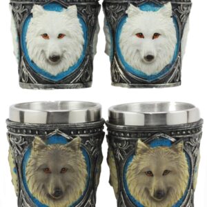 Ebros Myths Legends And Fantasy Spirit Themed 2-Ounce Shot Glasses Set Of 4 Resin Housing With Stainless Steel Liners Great Souvenir And Party Hosting Idea (Albino And Gray Wolf)