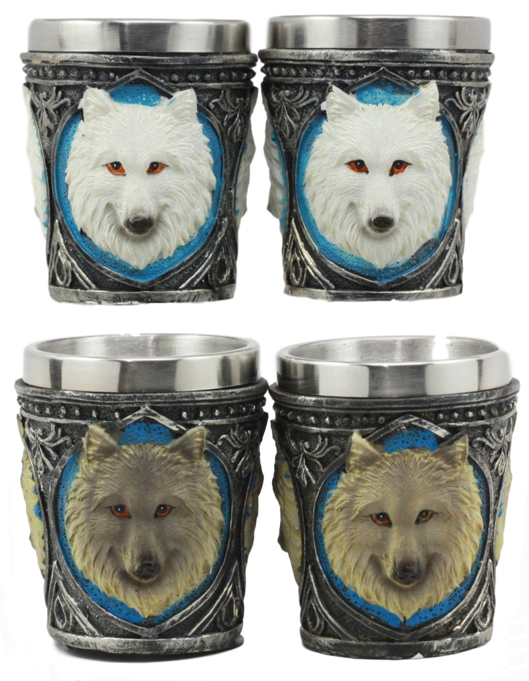 Ebros Myths Legends And Fantasy Spirit Themed 2-Ounce Shot Glasses Set Of 4 Resin Housing With Stainless Steel Liners Great Souvenir And Party Hosting Idea (Albino And Gray Wolf)