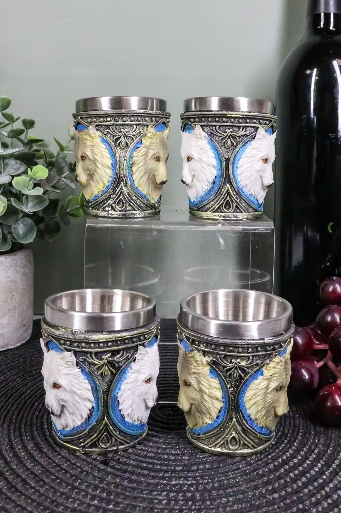 Ebros Myths Legends And Fantasy Spirit Themed 2-Ounce Shot Glasses Set Of 4 Resin Housing With Stainless Steel Liners Great Souvenir And Party Hosting Idea (Albino And Gray Wolf)