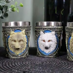 Ebros Myths Legends And Fantasy Spirit Themed 2-Ounce Shot Glasses Set Of 4 Resin Housing With Stainless Steel Liners Great Souvenir And Party Hosting Idea (Albino And Gray Wolf)